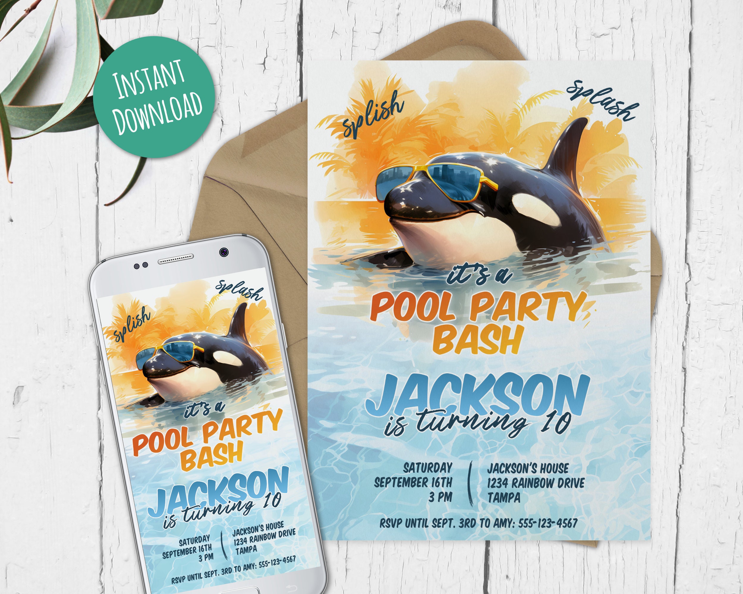 Editable Pool Party Birthday Invitation, Orca, Killer Whale, Swimming ...
