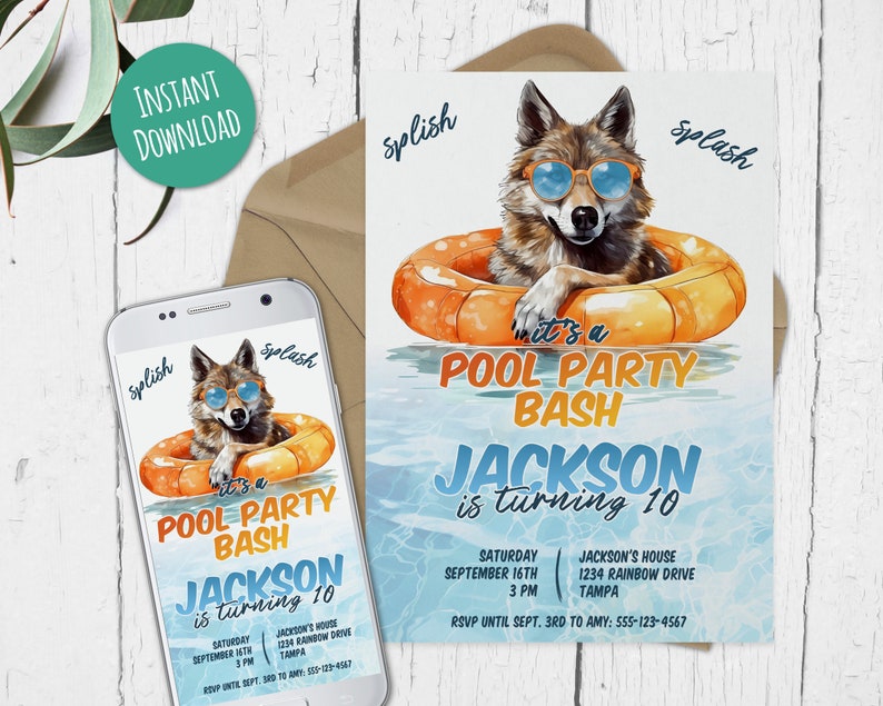 Editable Pool Party Birthday Invitation, Wolf, Swimming Party Invite ...