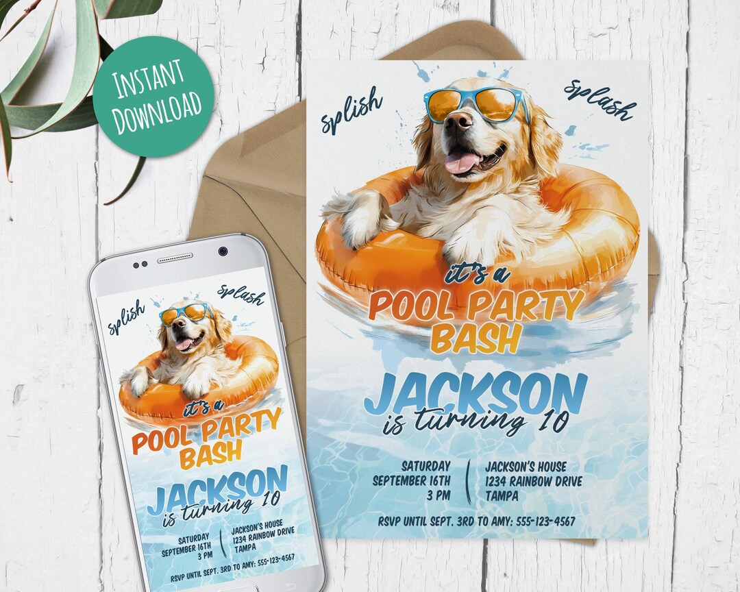 Editable Pool Party Birthday Bash Invitation, Golden Retriever Dog ...