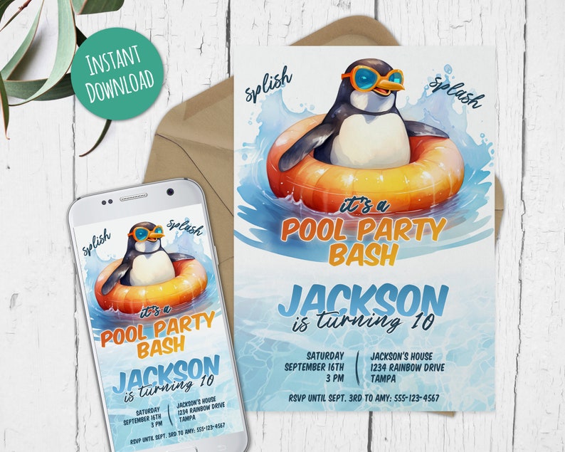 Editable Pool Party Birthday Invitation, Penguin, Swimming Party Invite ...