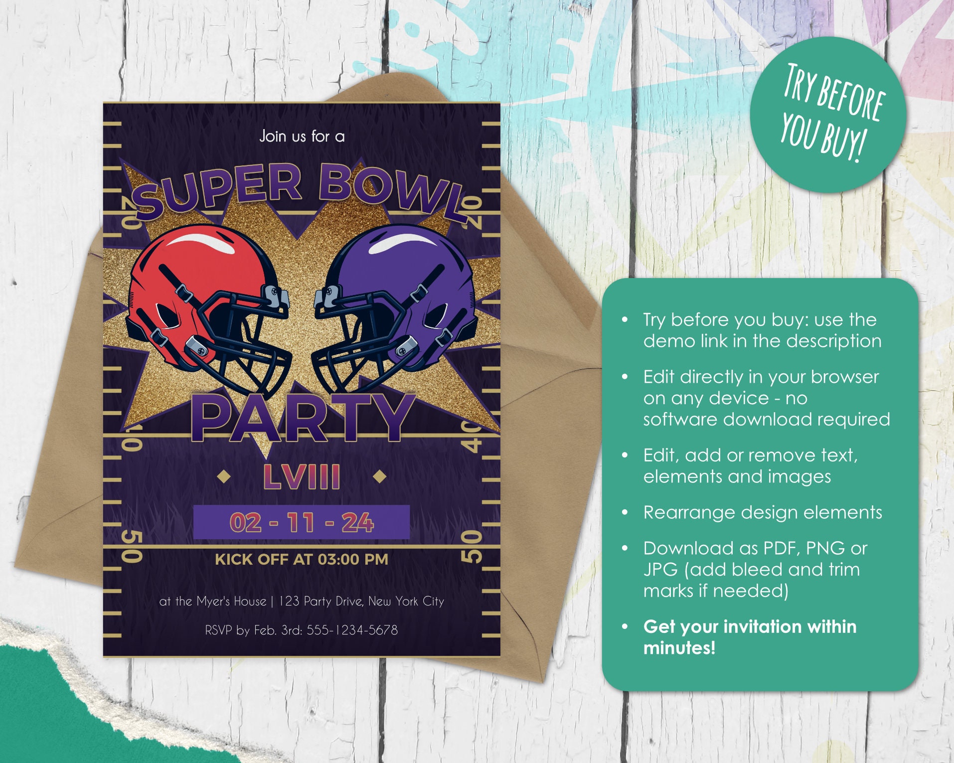 Editable Super Bowl Invitation, Superbowl Invite, Football Watch Party ...