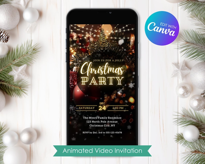 Animated Christmas Party Invitation, Editable XMAS Video Invite ...