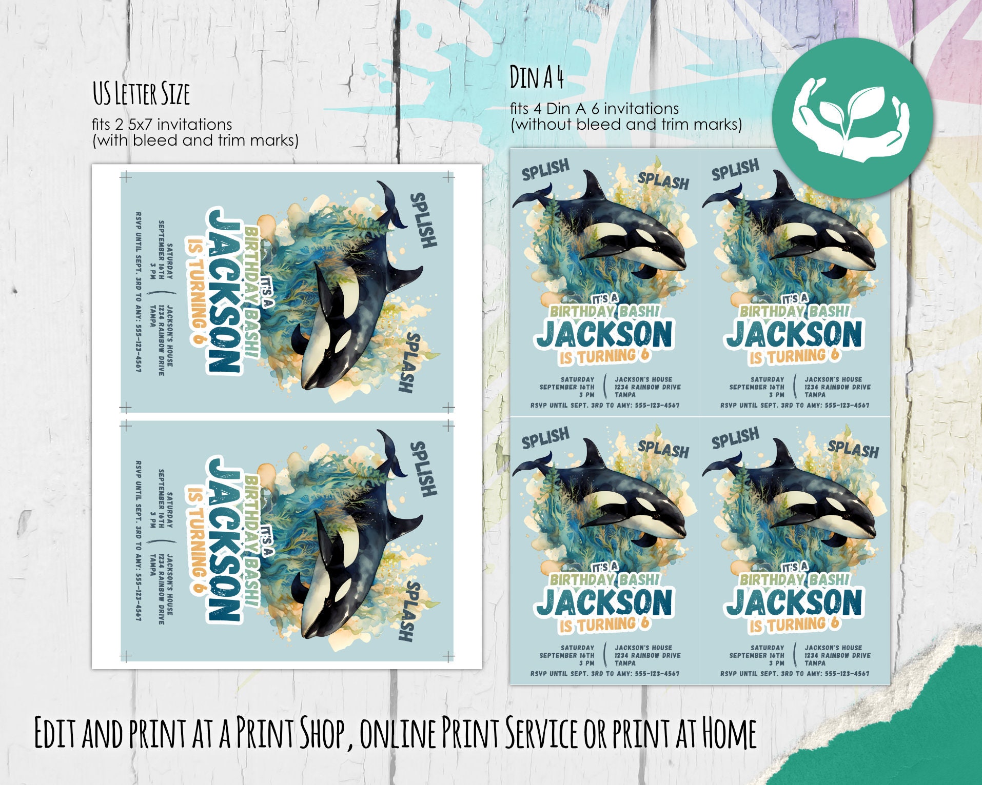 Editable Orca Birthday Invitation, Birthday Party Invite, Watercolor ...