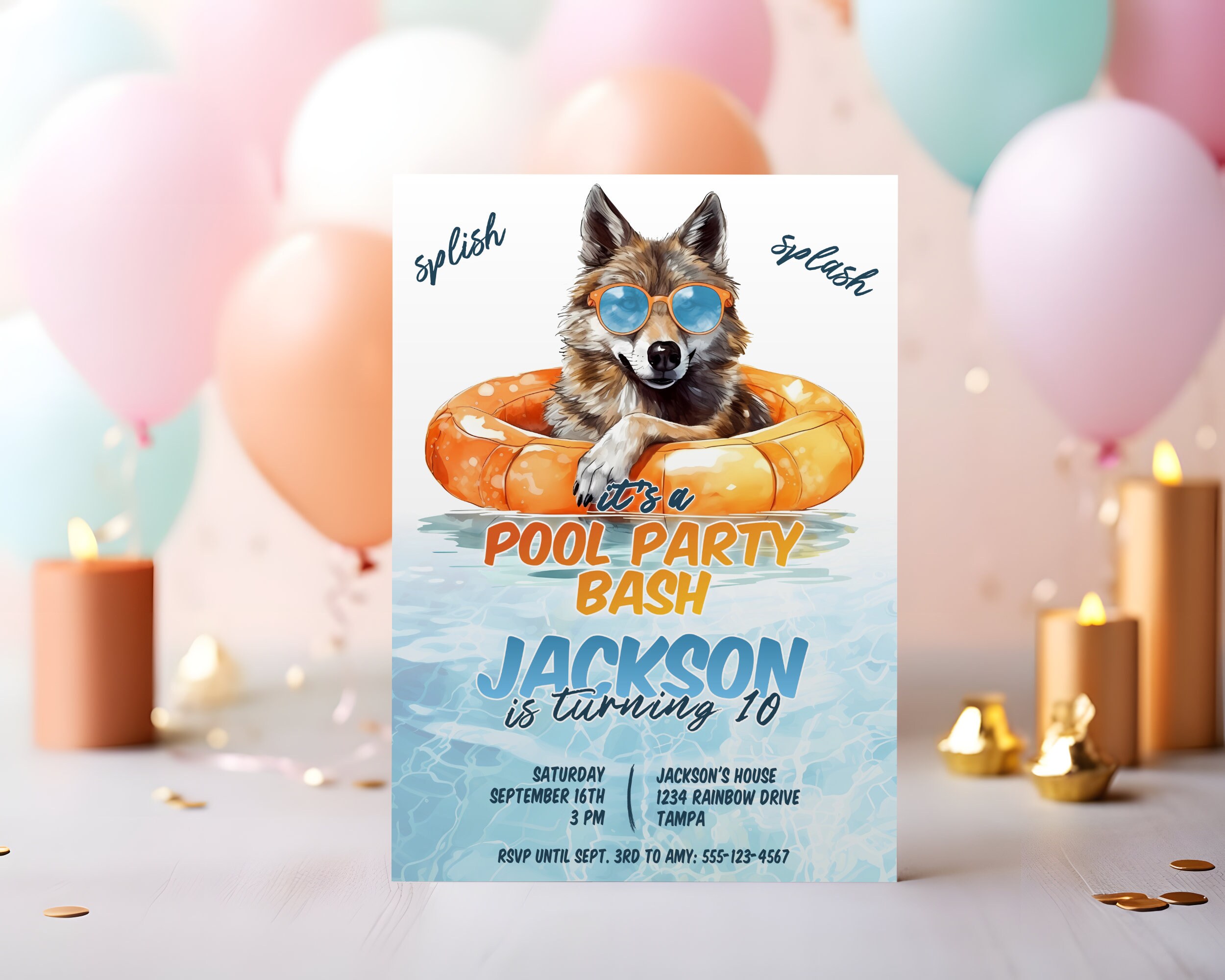 Editable Pool Party Birthday Invitation, Wolf, Swimming Party Invite ...
