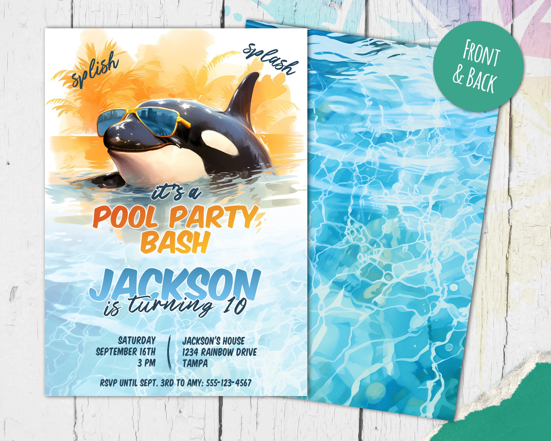 Editable Pool Party Birthday Invitation, Orca, Killer Whale, Swimming ...