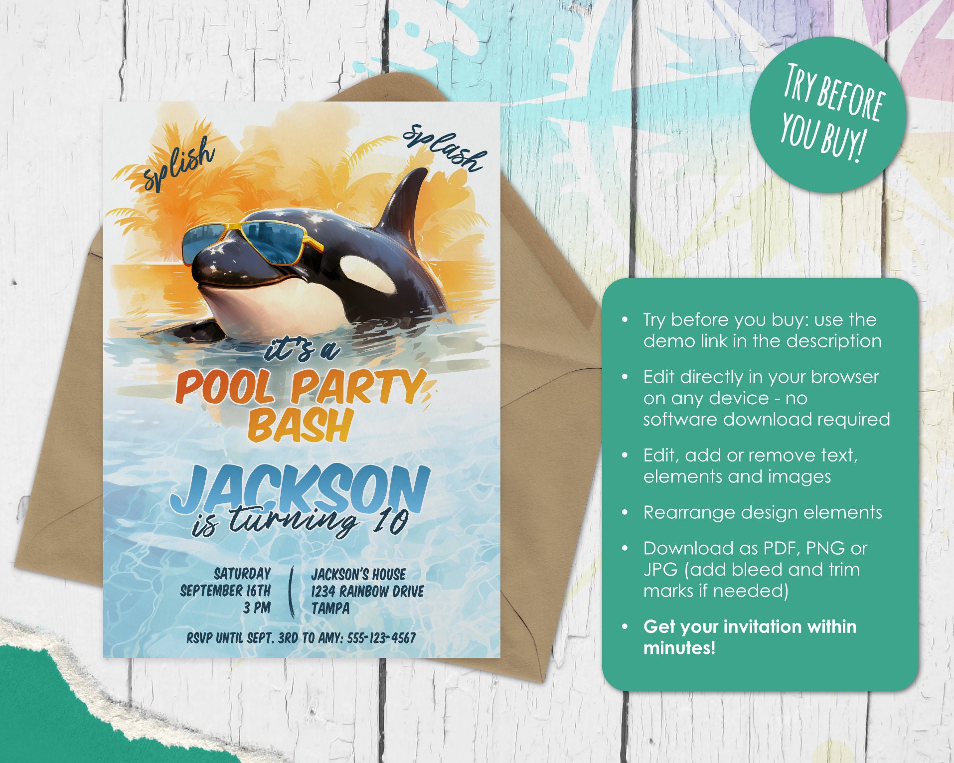 Editable Pool Party Birthday Invitation, Orca, Killer Whale, Swimming ...