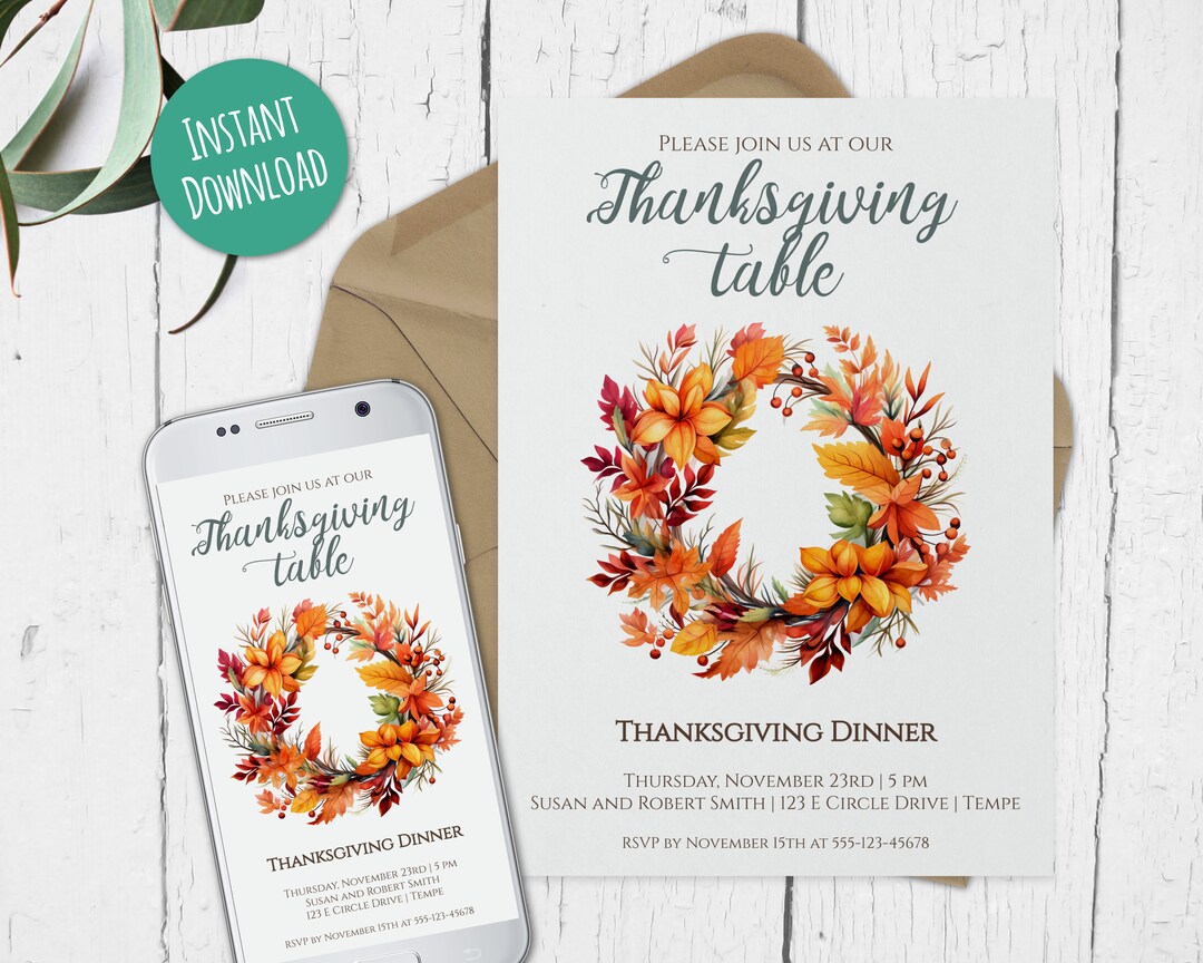Editable Thanksgiving Invitation, Thanksgiving Dinner Invite, Wreath ...