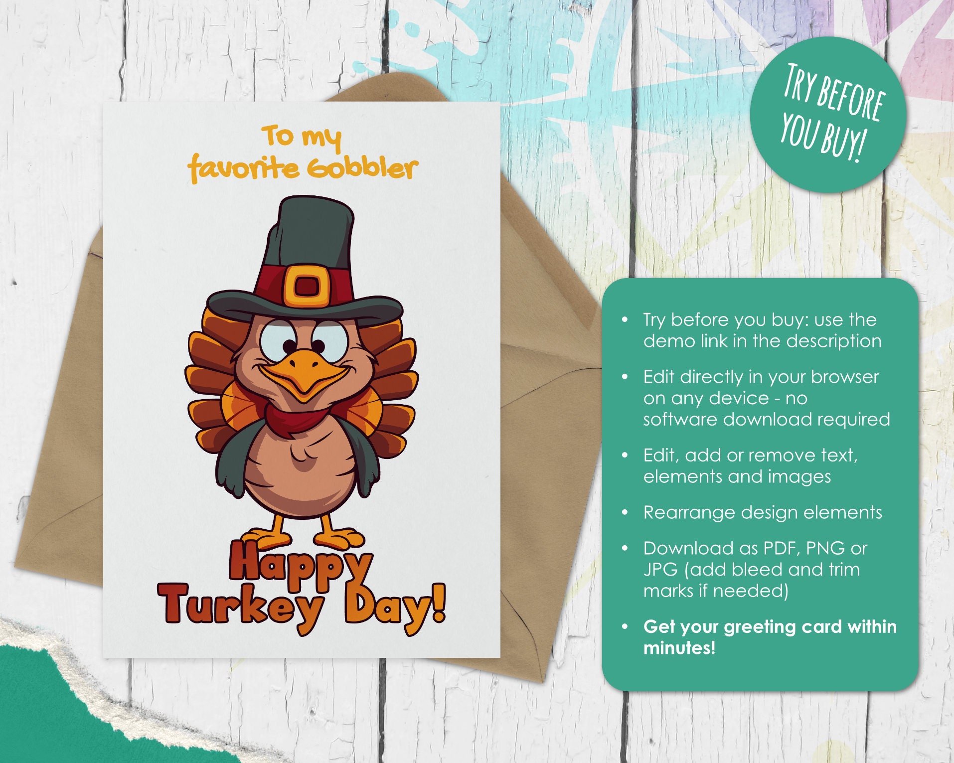 Editable Turkey Thanksgiving Greeting Card, Happy Thanksgiving Card ...