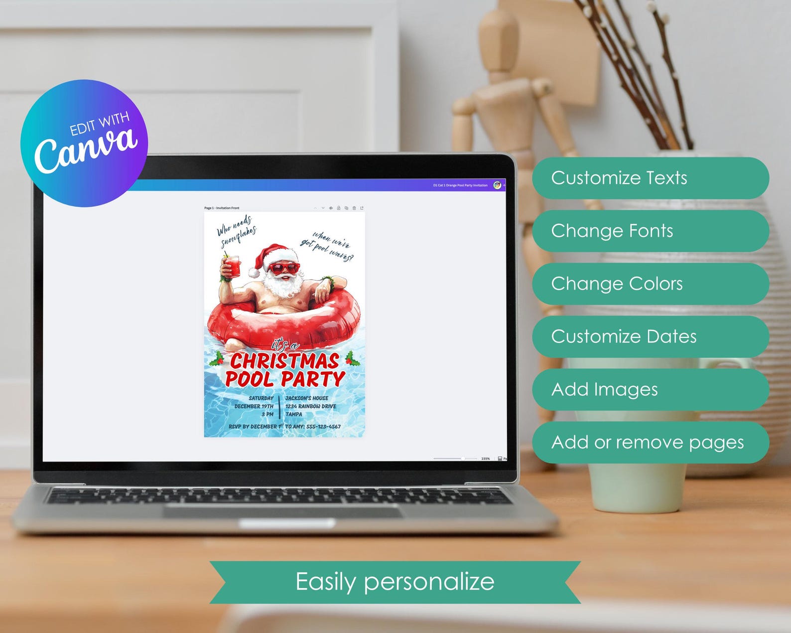 Christmas Pool Party Invitation, Editable XMAS Invite, Santa Pool Party ...