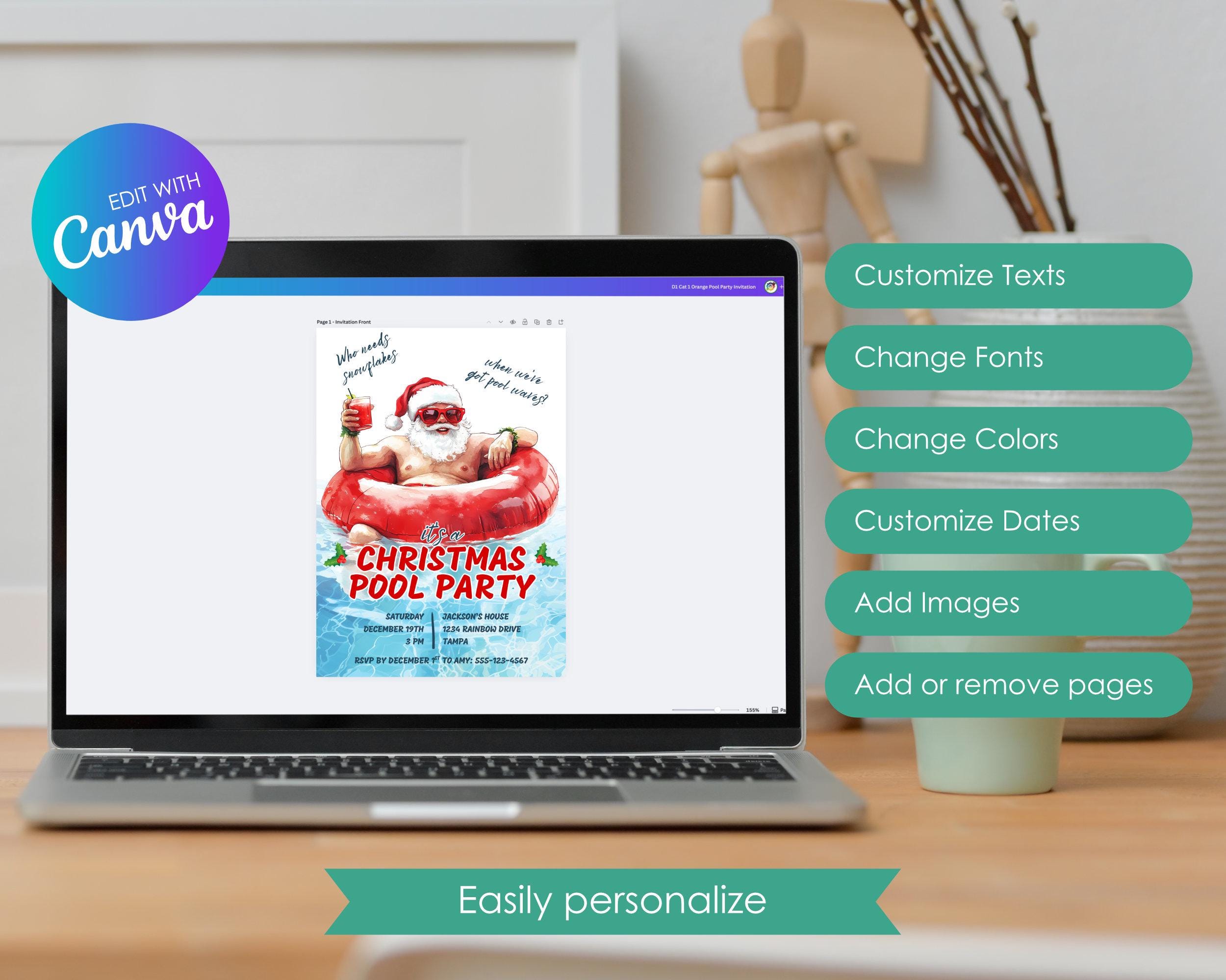 Christmas Pool Party Invitation, Editable XMAS Invite, Santa Pool Party ...