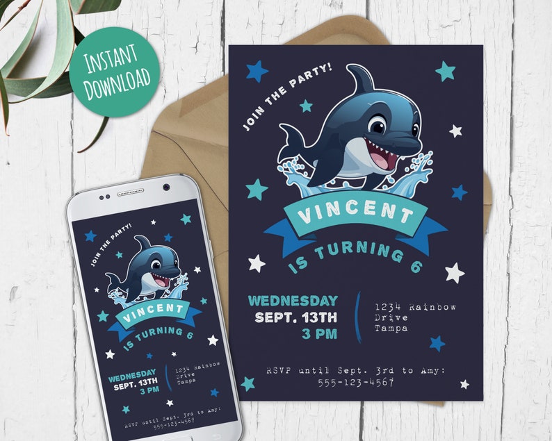 Editable Orca Birthday Invitation Party Invite Editable Template ...