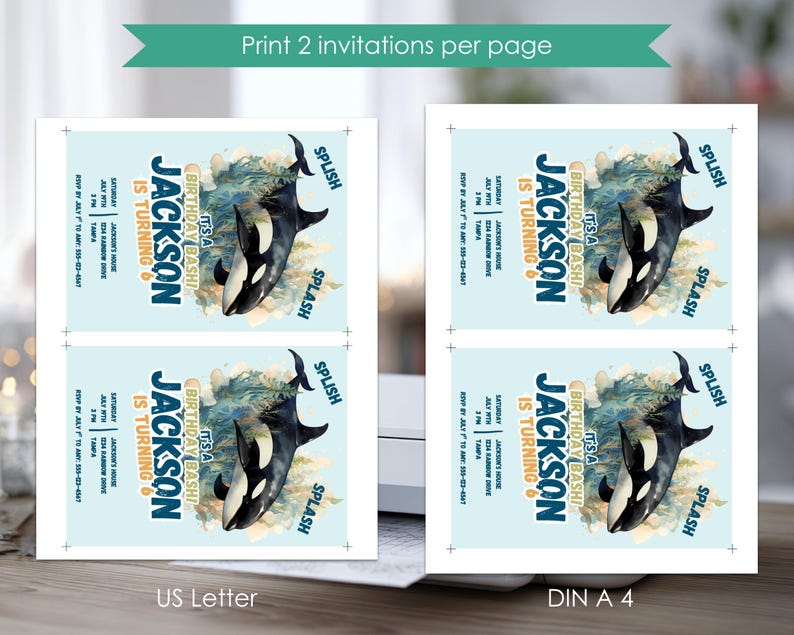 Editable Orca Birthday Invitation, Birthday Party Invite, Watercolor ...