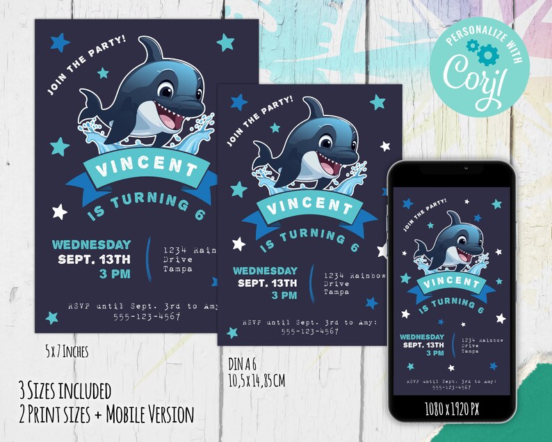 Editable Orca Birthday Invitation Party Invite Editable Template ...