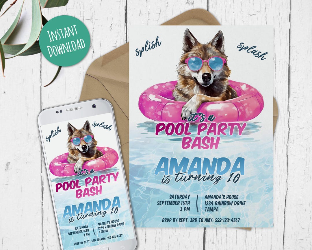 Editable Pool Party Birthday Invitation, Wolf, Pink, Swimming Party ...