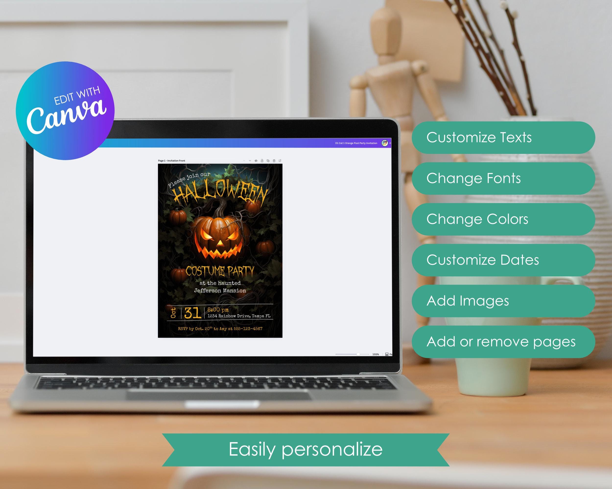 Editable Jack O Lantern Invitation, Halloween Costume Party Invite ...