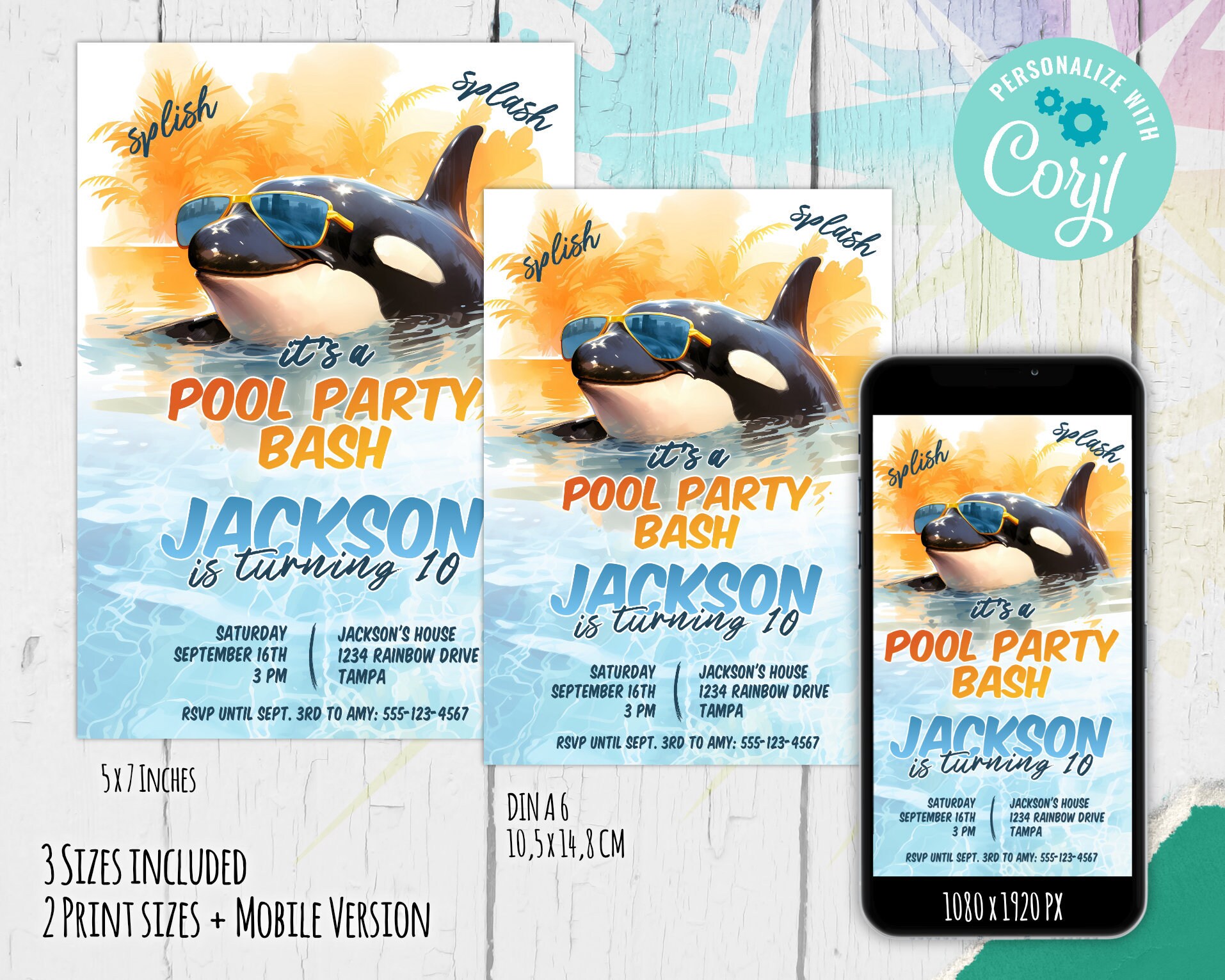 Editable Pool Party Birthday Invitation, Orca, Killer Whale, Swimming ...