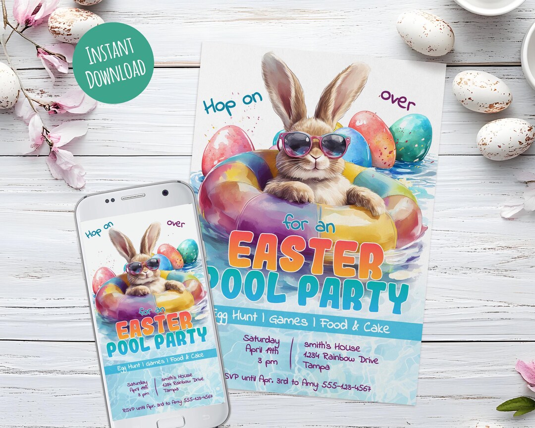 Easter Pool Party Invitation, Editable Easter Bunny Swimming Party ...