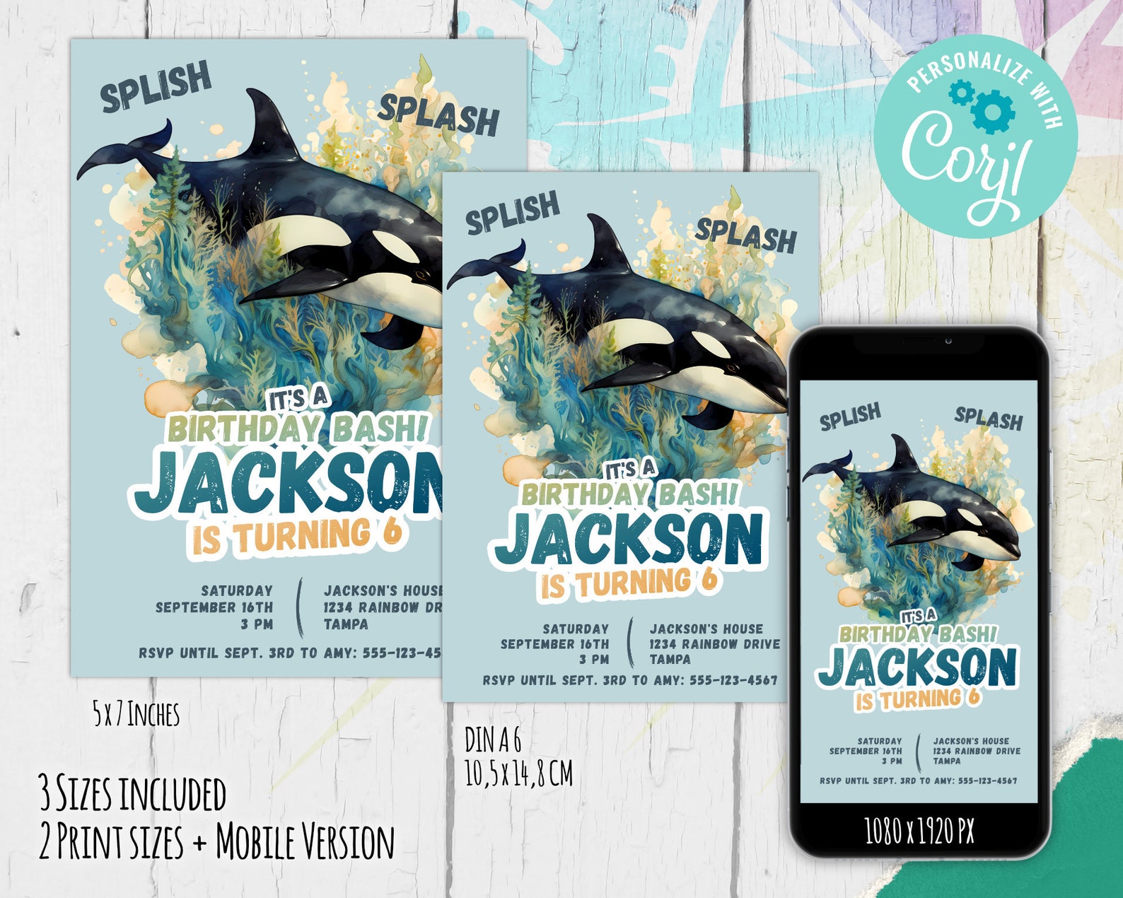 Editable Orca Birthday Invitation, Birthday Party Invite, Watercolor ...
