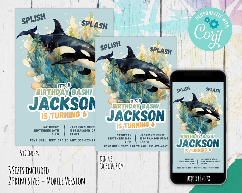 Editable Orca Birthday Invitation, Birthday Party Invite, Watercolor ...