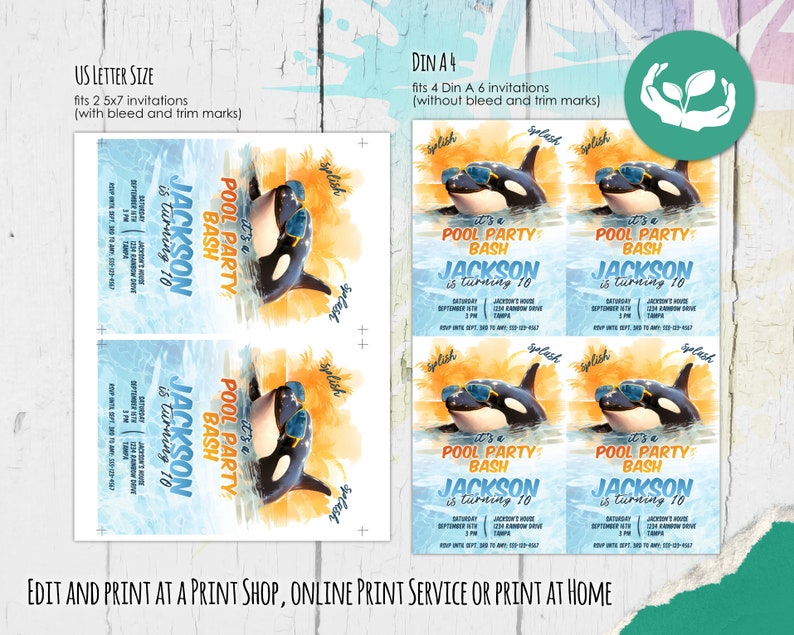 Editable Pool Party Birthday Invitation, Orca, Killer Whale, Swimming ...
