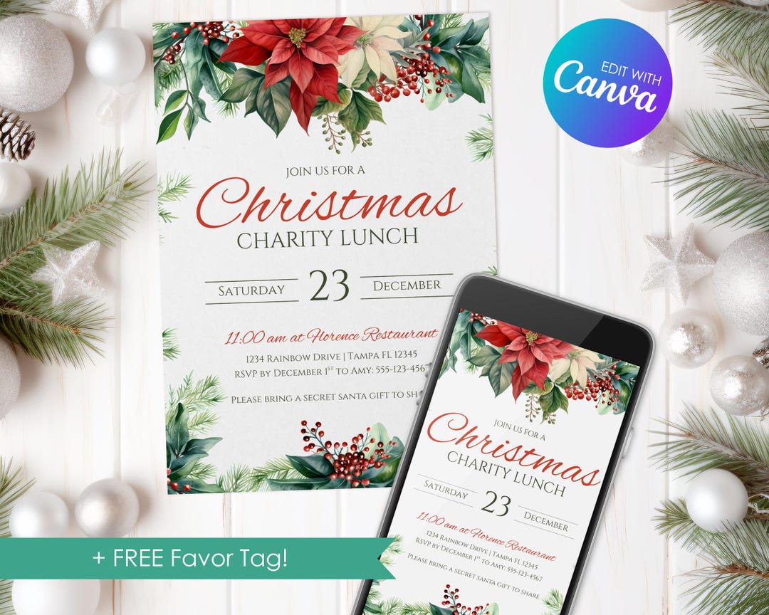 Editable Christmas Party Invitation, Charity Luncheon Invite, XMAS ...