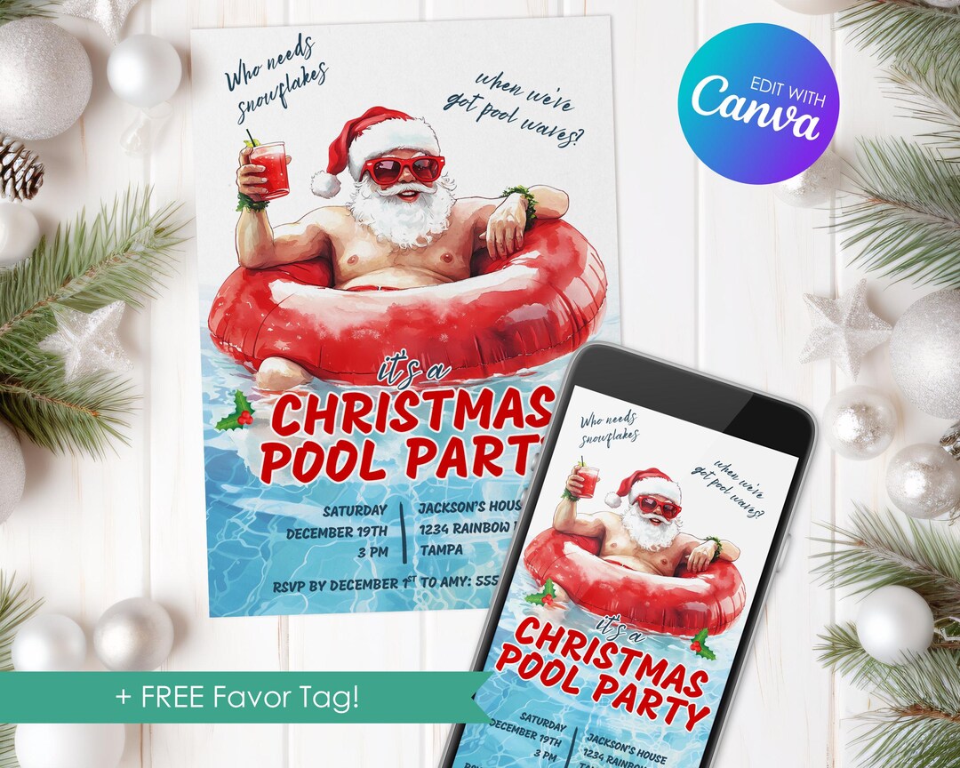 Christmas Pool Party Invitation, Editable XMAS Invite, Santa Pool Party ...