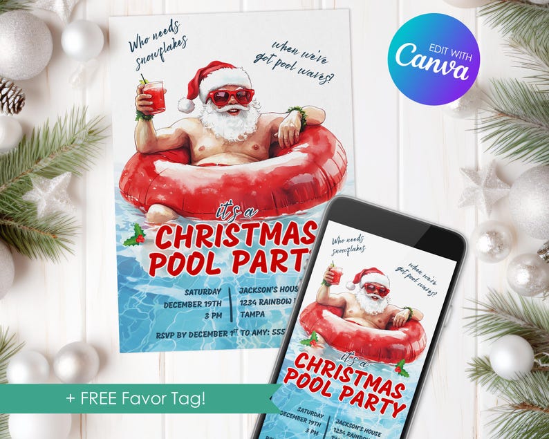 Christmas Pool Party Invitation, Editable XMAS Invite, Santa Pool Party ...