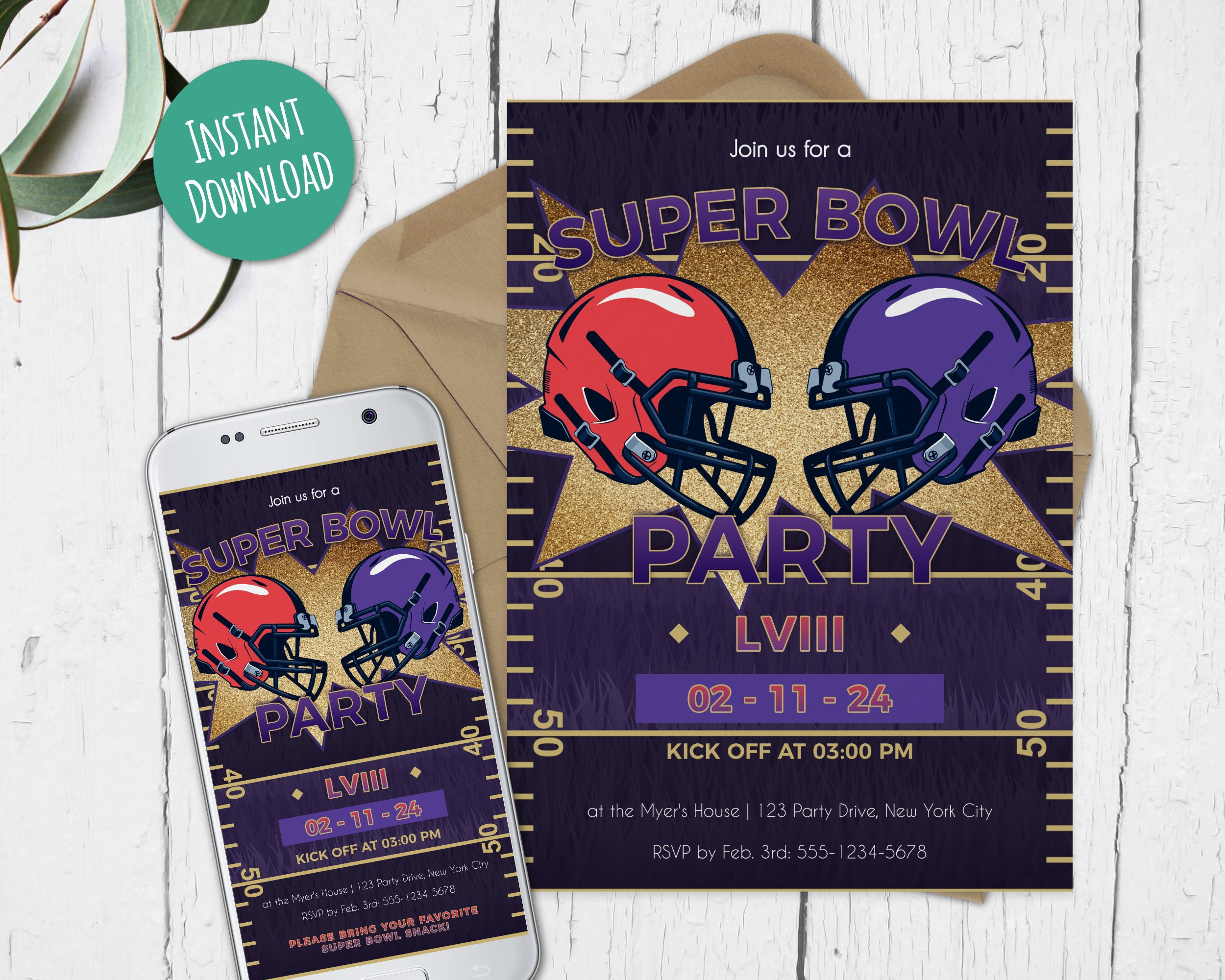 Editable Super Bowl Invitation, Superbowl Invite, Football Watch Party ...