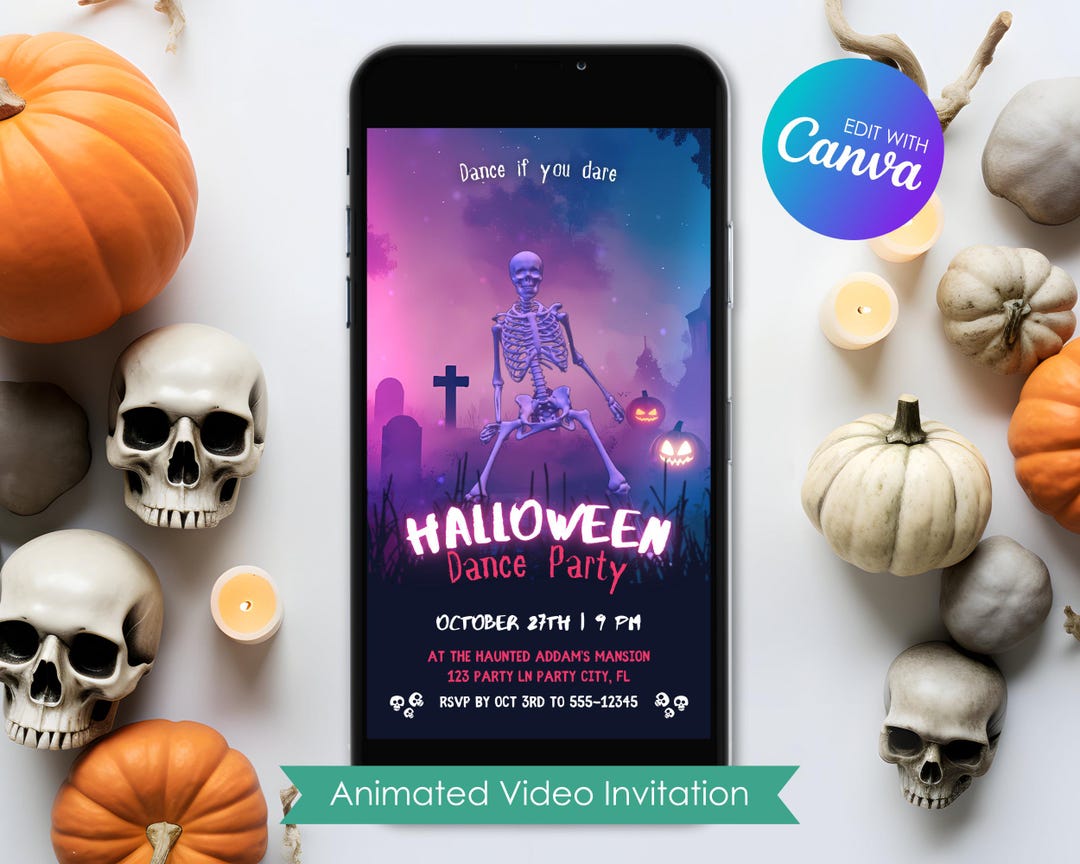 Animated Dancing Skeleton Halloween Invitation, Editable Video Invite ...