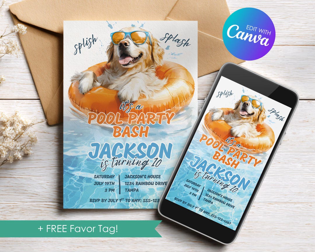 Editable Golden Retriever Pool Party Birthday Bash Invitation, Dog ...