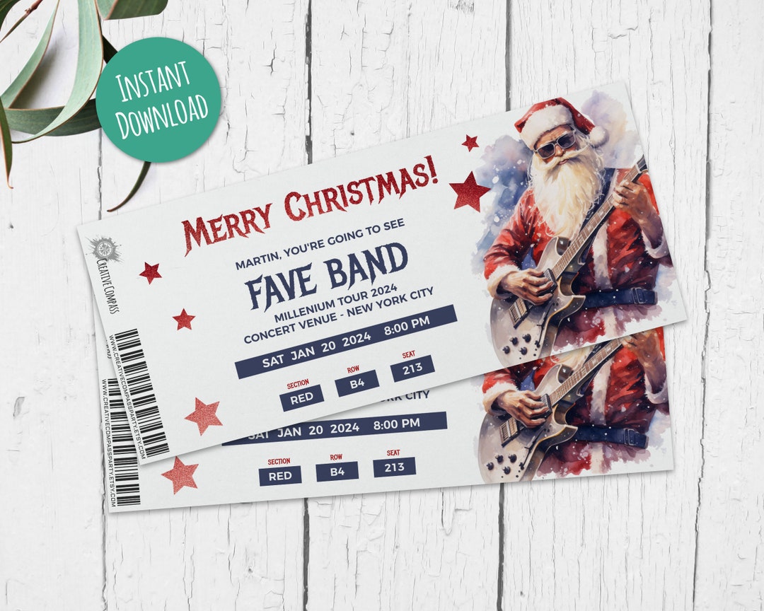 Editable Concert Ticket Gift, Rocking Santa, Surprise Christmas Gift ...
