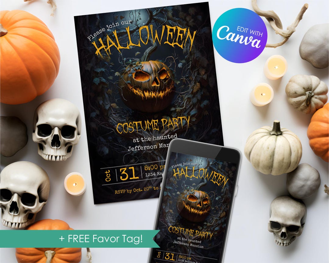 Editable Jack O Lantern Invitation, Halloween Costume Party Invite ...