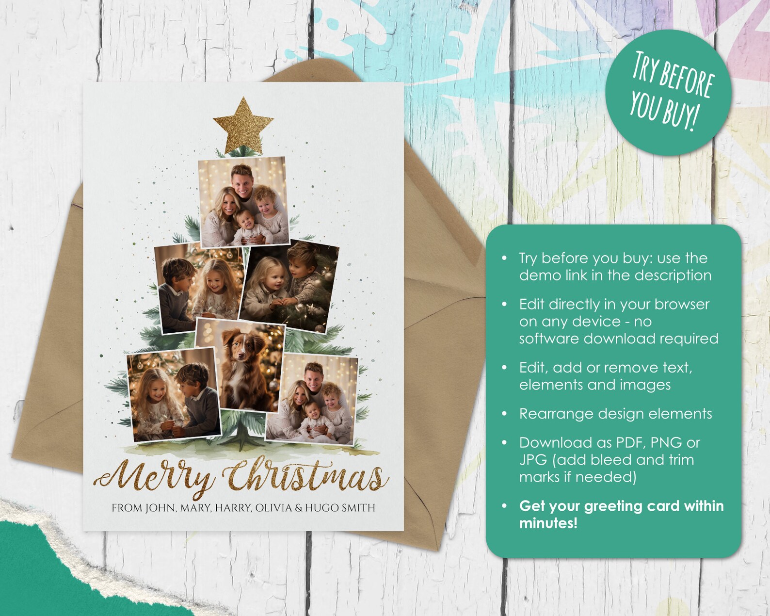 Editable Christmas Tree Photo Card, Personalized Holiday Greeting Card ...