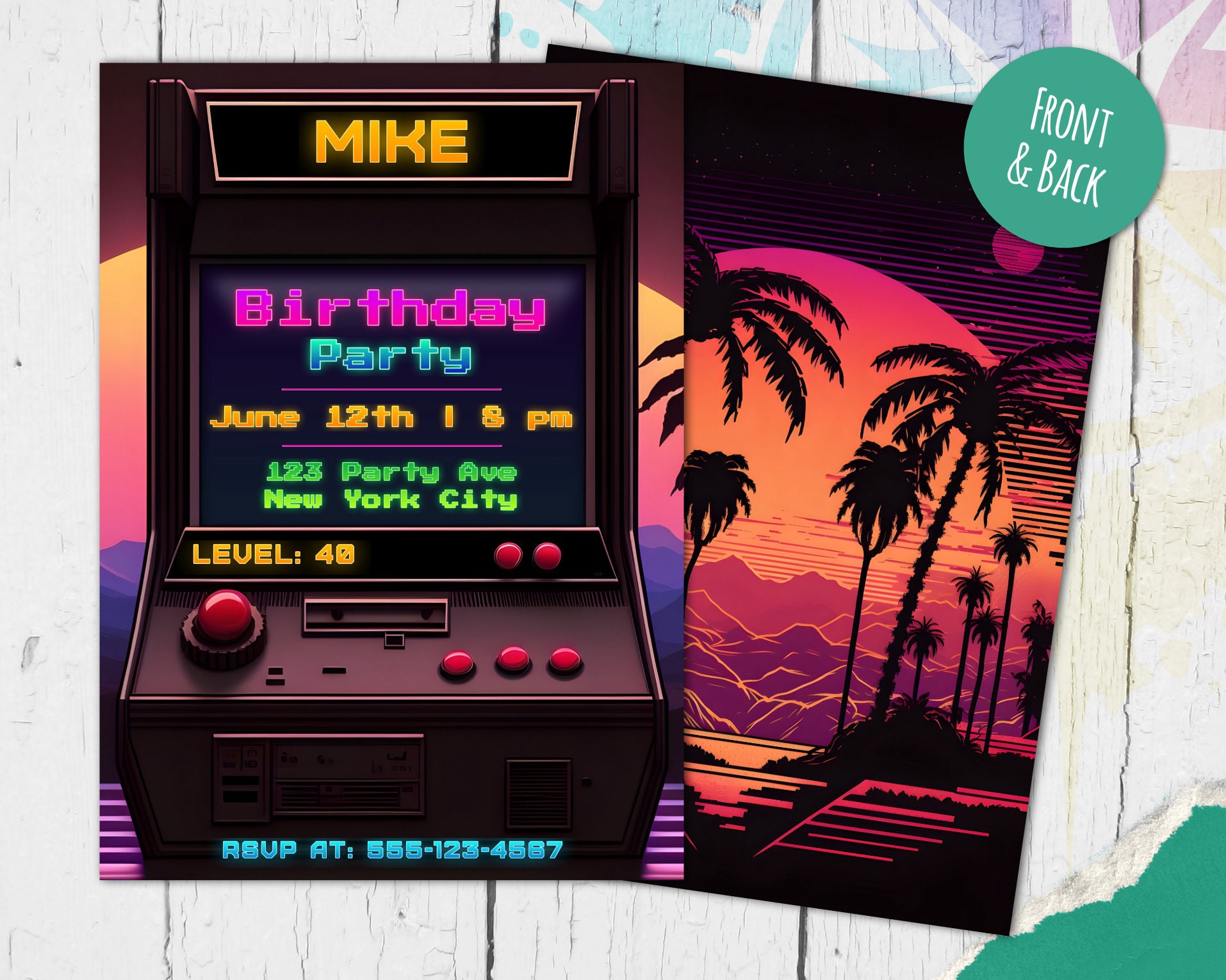 Editable Gamer Retro Arcade Birthday Invitation Party Invite Editable ...
