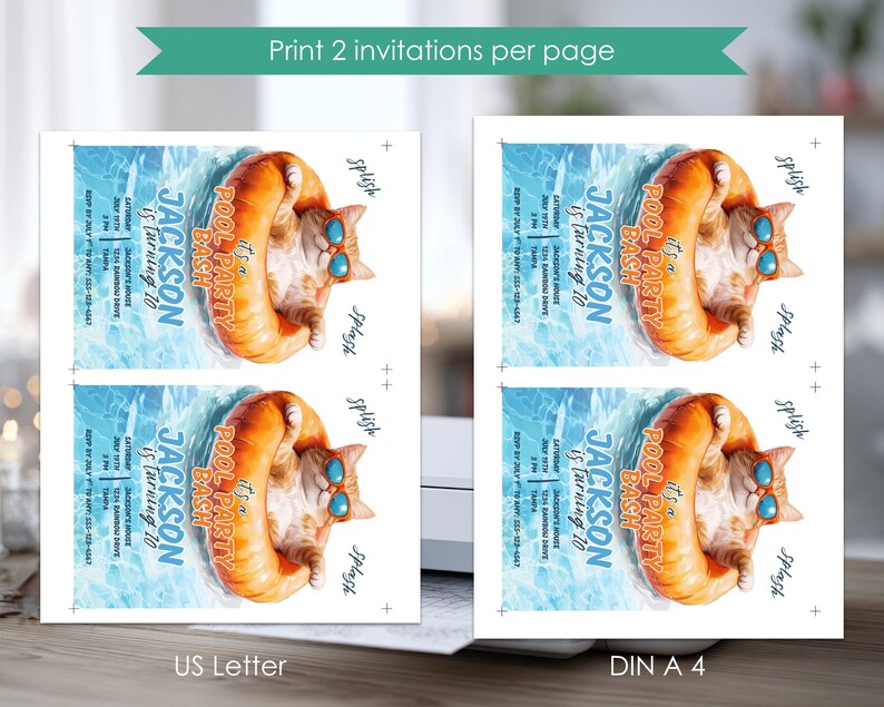 Editable Cat Pool Party Birthday Invitation, Orange, Swimming Party ...