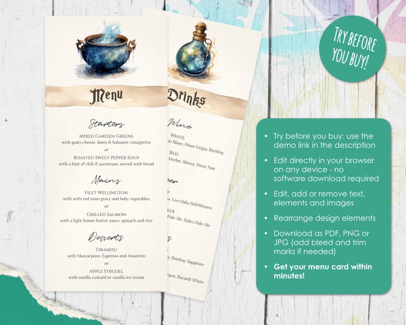 Editable Wizard Wedding Menu Card, Wedding Menu and Drinks Wizard ...