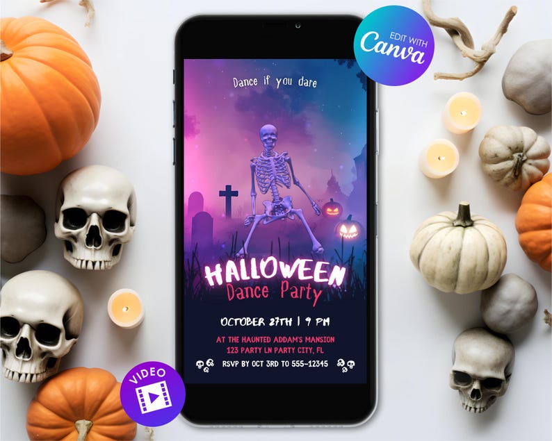 Animated Dancing Skeleton Halloween Invitation, Editable Video Invite ...