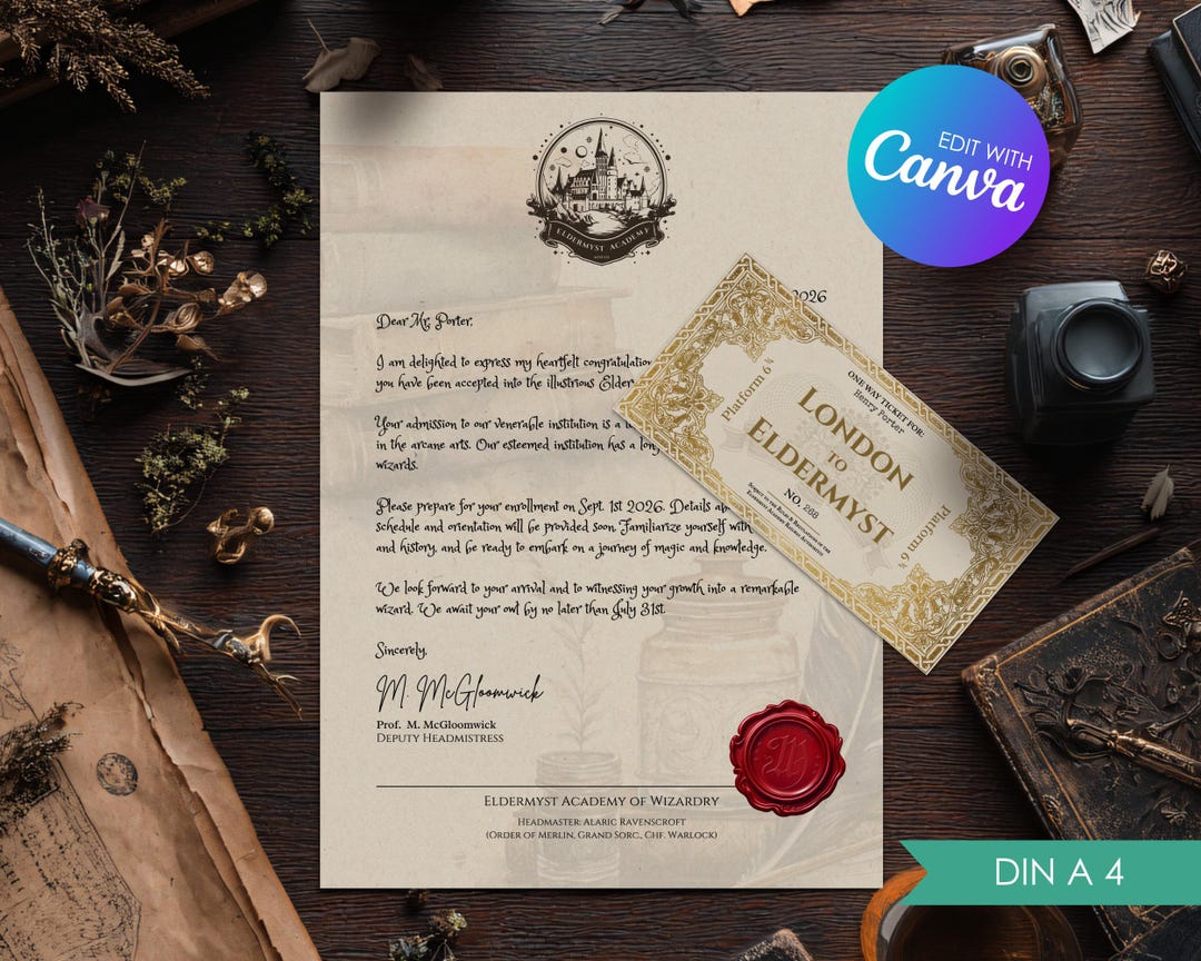 Editable Wizard School Acceptance Letter Set, Gift Bundle for Wizard ...