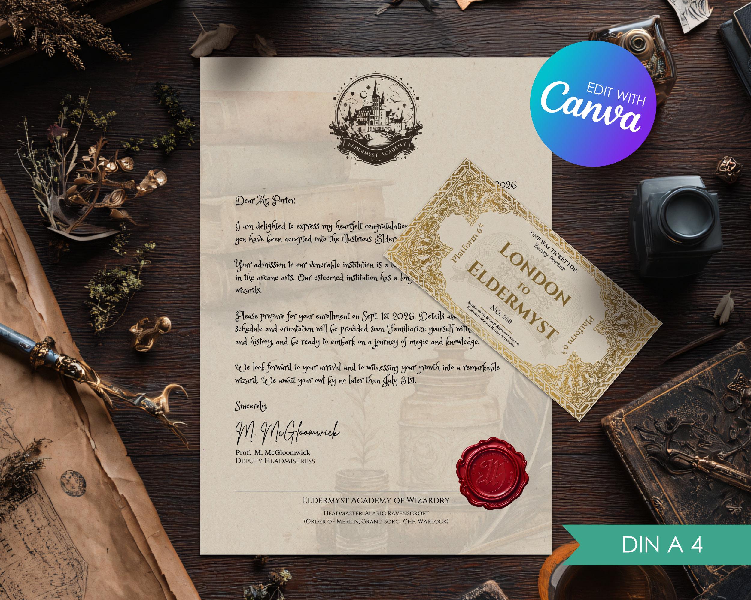 Editable Wizard School Acceptance Letter Set, Gift Bundle for Wizard ...