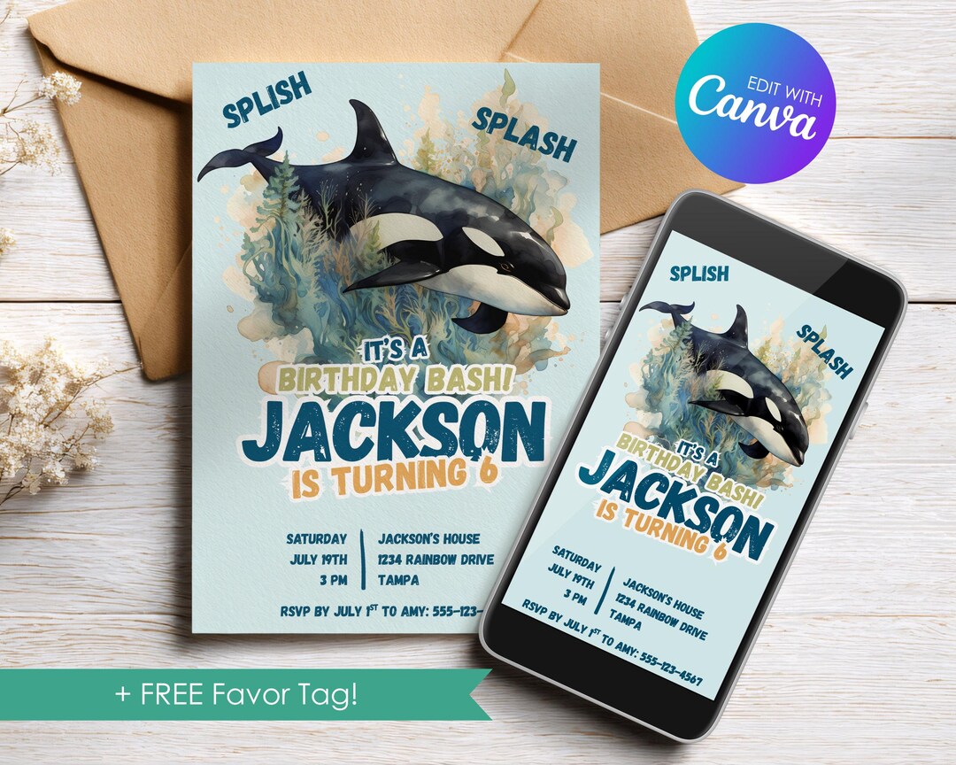 Editable Orca Birthday Invitation, Birthday Party Invite, Watercolor ...