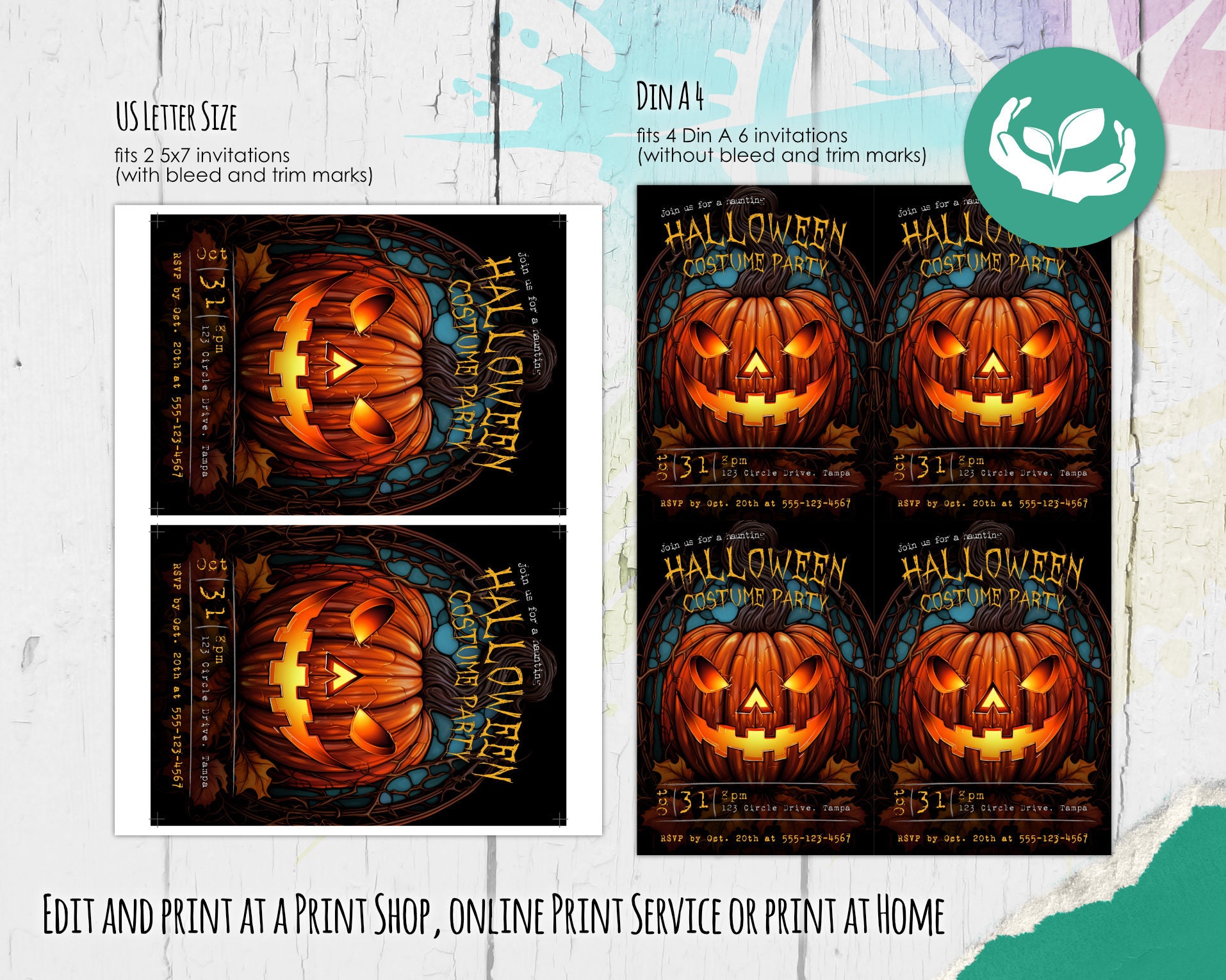 Editable Jack O Lantern Invitation Halloween Party Invite Stained Glass ...