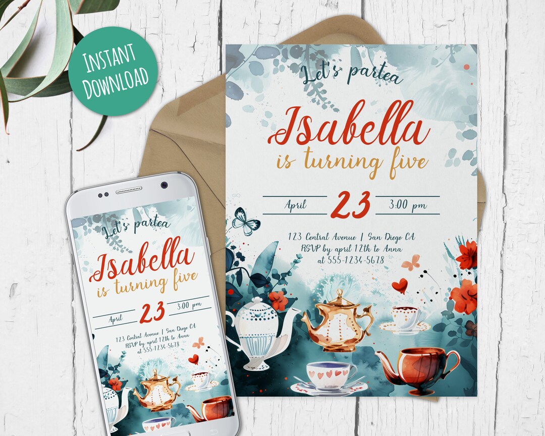 Editable Tea Party Birthday Invitation, Whimsical Partea Invite, Floral ...