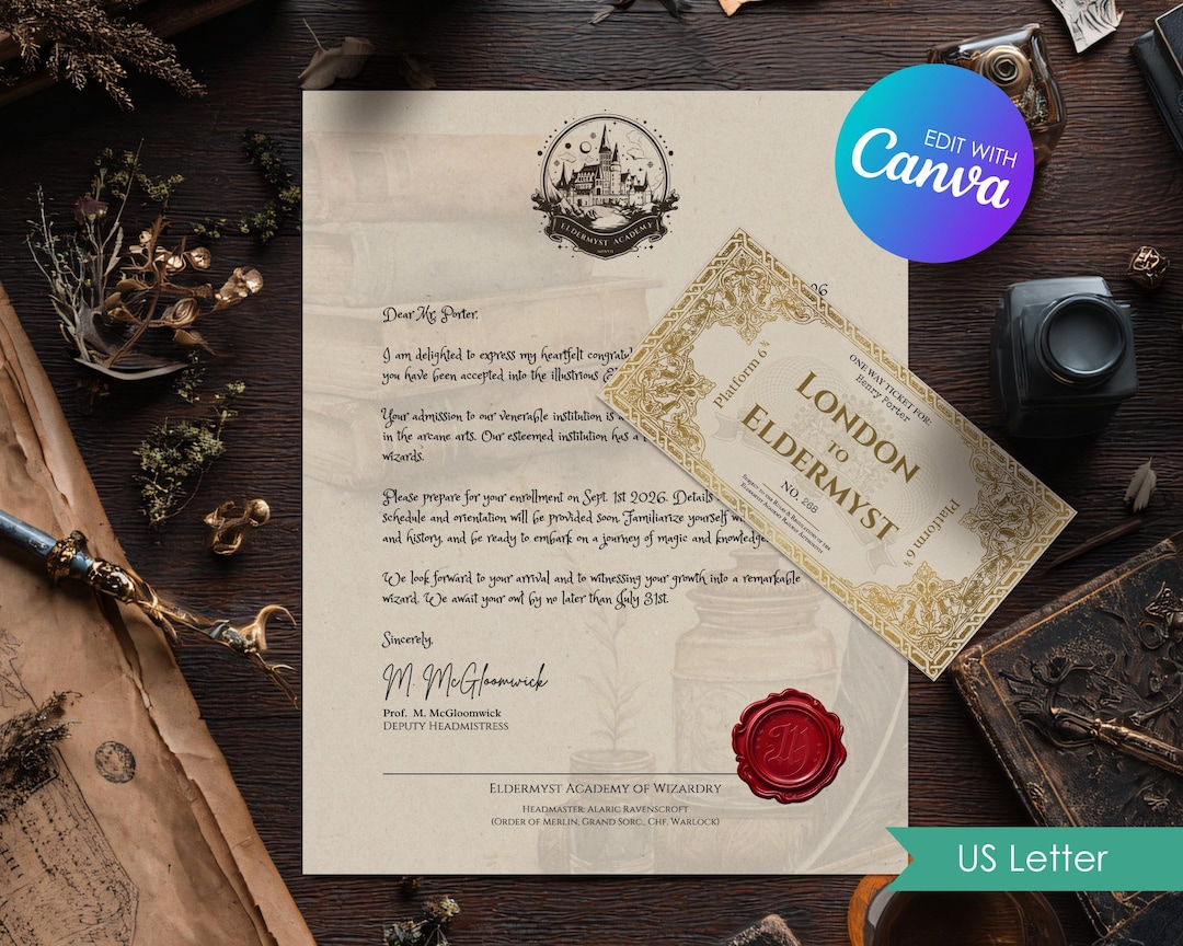 Editable Wizard School Acceptance Letter Set, Gift Bundle for Wizard ...