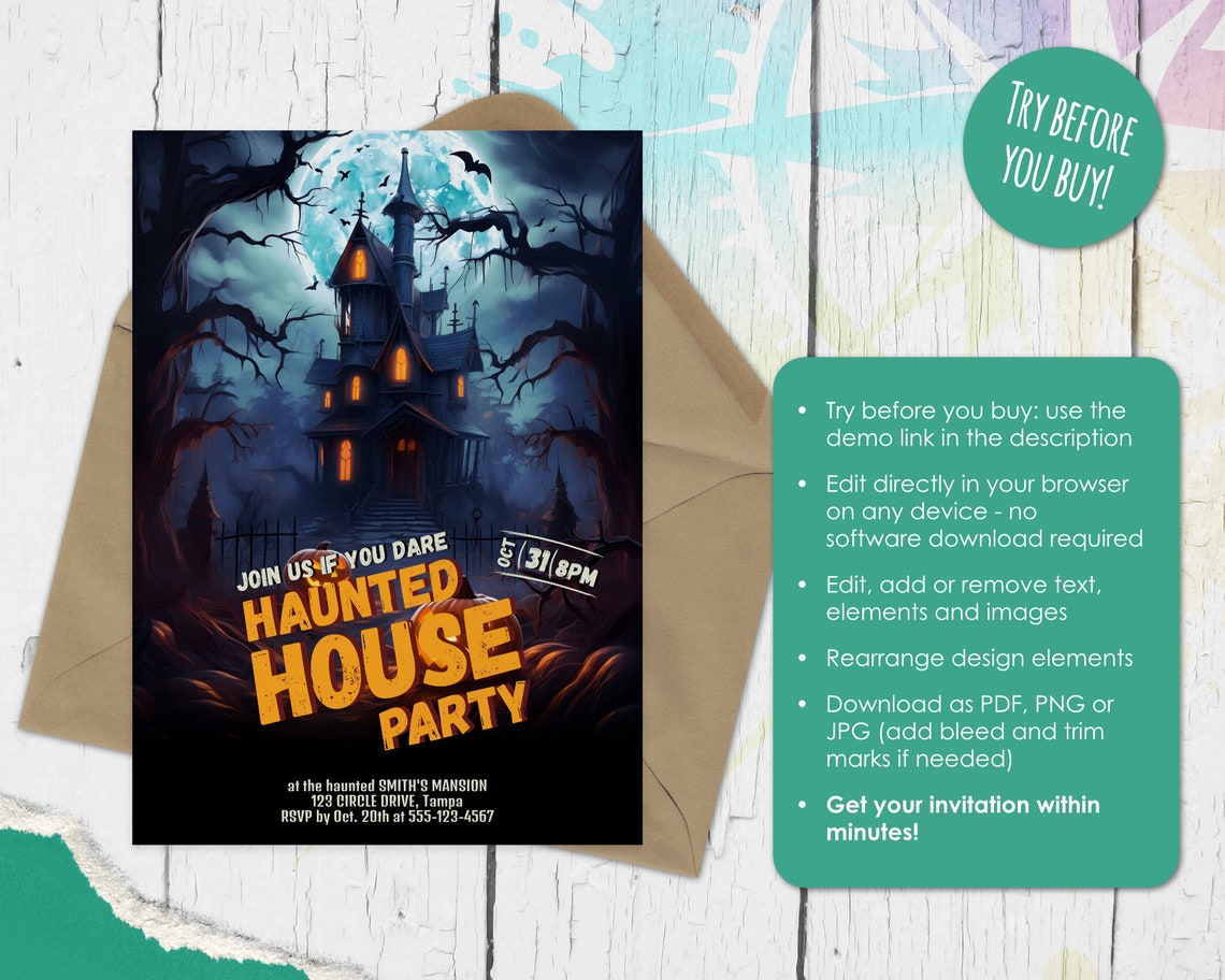 Editable Haunted House Invitation, Halloween Costume Party Invite ...
