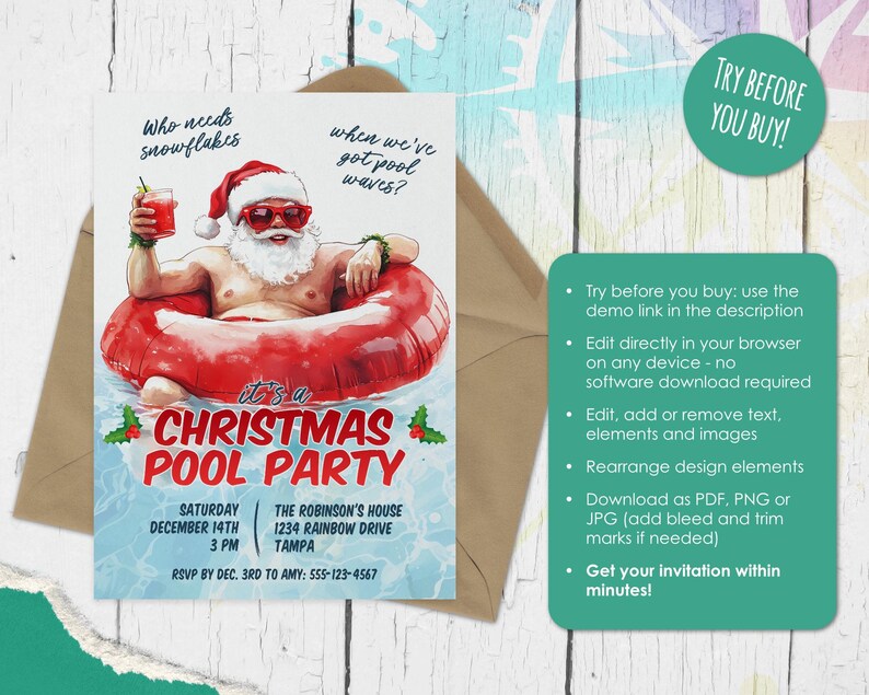 Christmas Pool Party Invitation, Editable XMAS Invite, Santa Pool Party ...