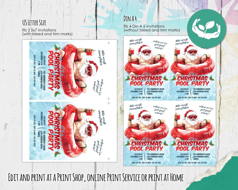 Christmas Pool Party Invitation, Editable XMAS Invite, Santa Pool Party ...