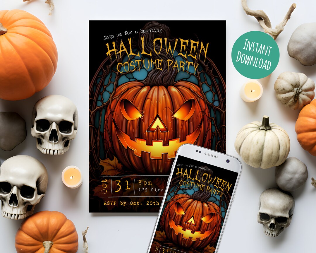 Editable Jack O Lantern Invitation Halloween Party Invite Stained Glass ...