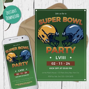 Editable Super Bowl Invitation, Superbowl Invite, Football Watch Party ...