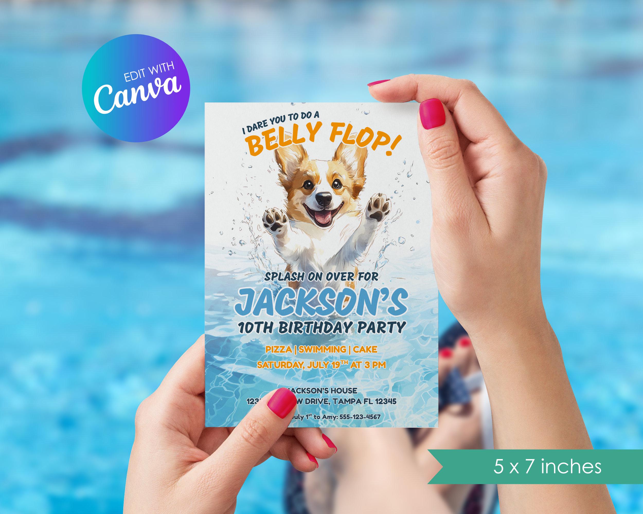 Editable Corgi Birthday Invitation, Corgi Pool Party, Dog Swimming ...