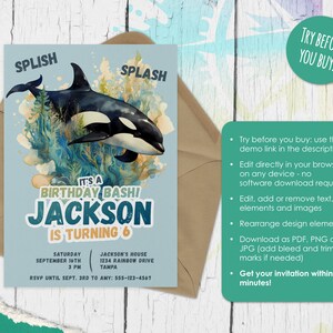 Editable Orca Birthday Invitation, Birthday Party Invite, Watercolor ...